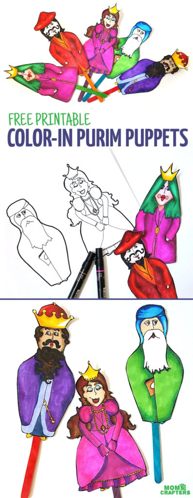 Free Printable Color-in Purim Puppets * Moms and Crafters