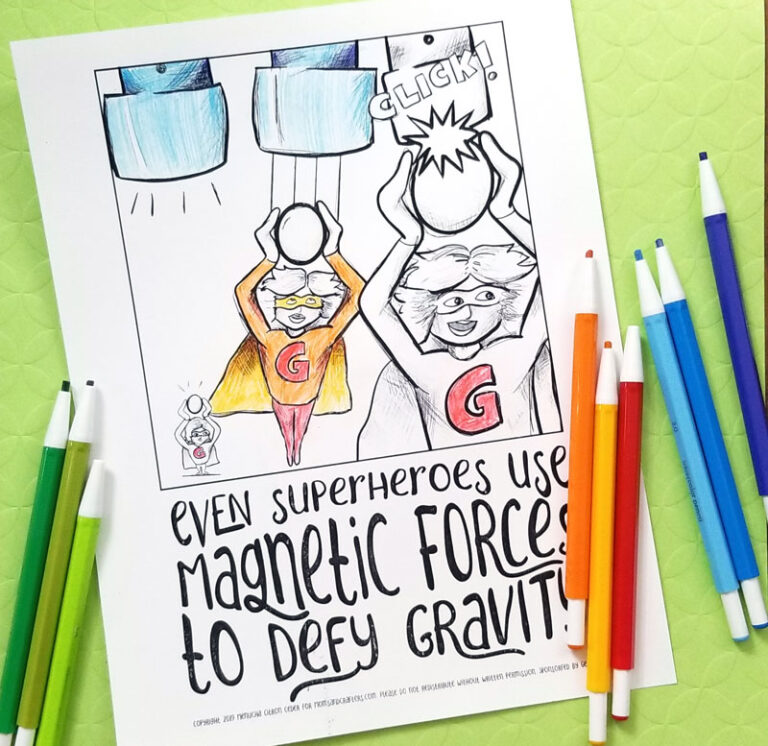 Science Coloring Page Poster for Kids - Magnetism and Gravity